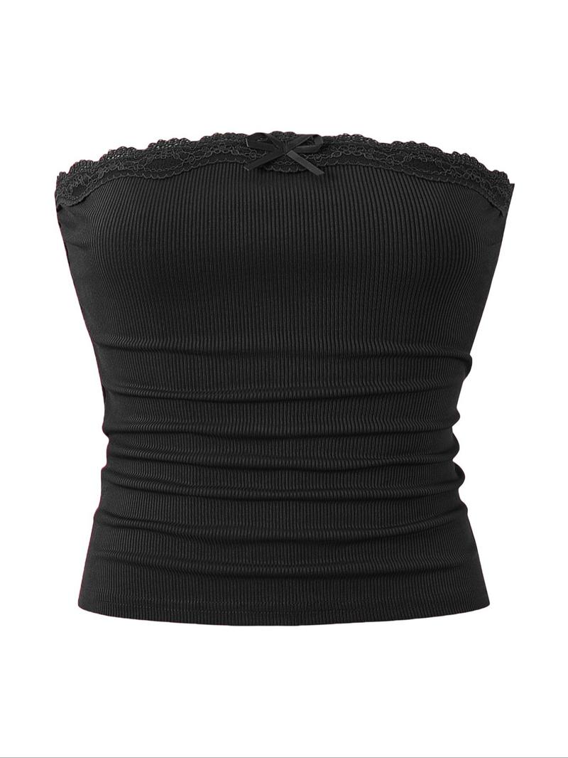 Women's Plain Ribbed Lace Trim Crop Tube Top, Casual Strapless Cropped ...