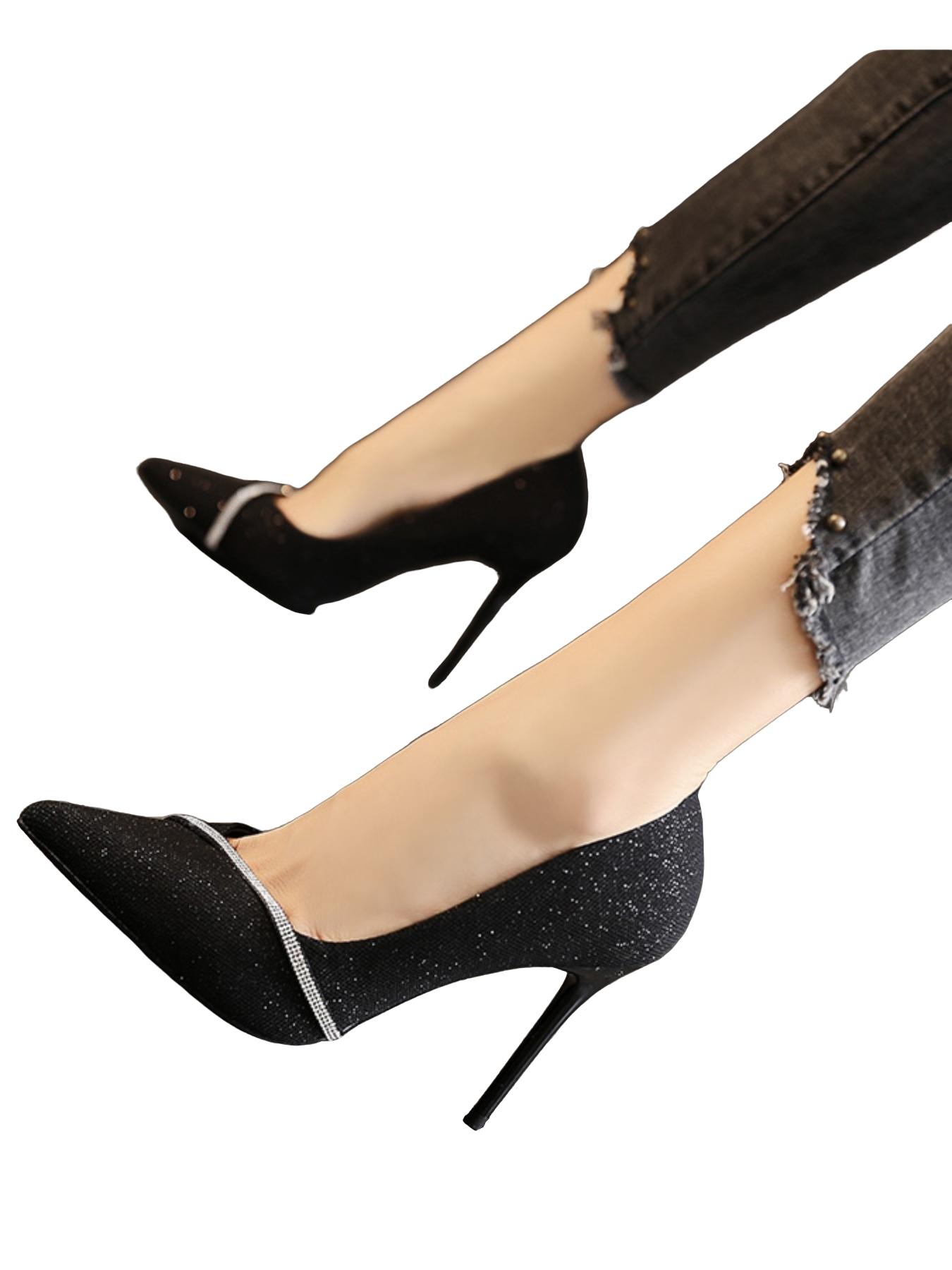 Women's 2.76in Thin Heel Star Sparkle Fabric Pointed Toe Fall Single ...