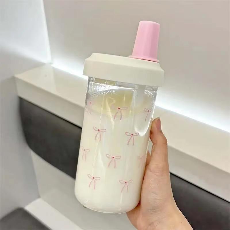 Cute Bow Pattern Straw Water Bottle Tumbler, 1 Count Reusable Water ...