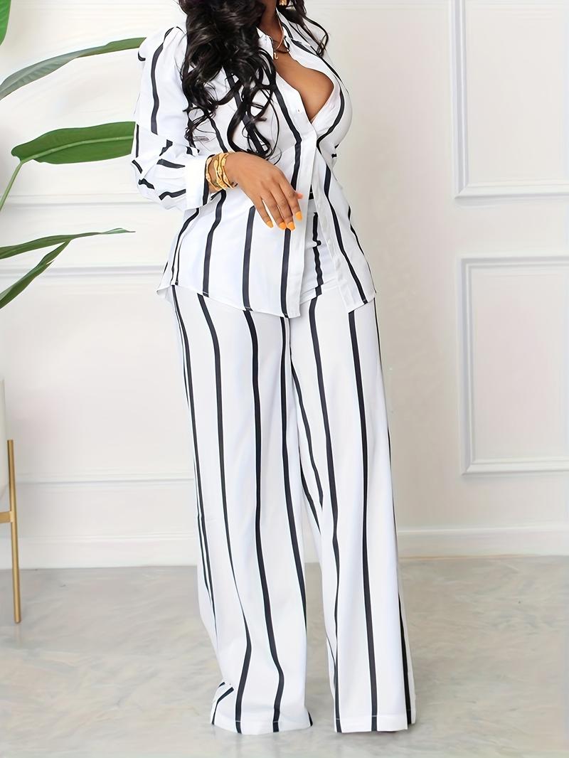 Striped Print Two-piece Set, Button Front Collar Long Sleeve Shirt ...