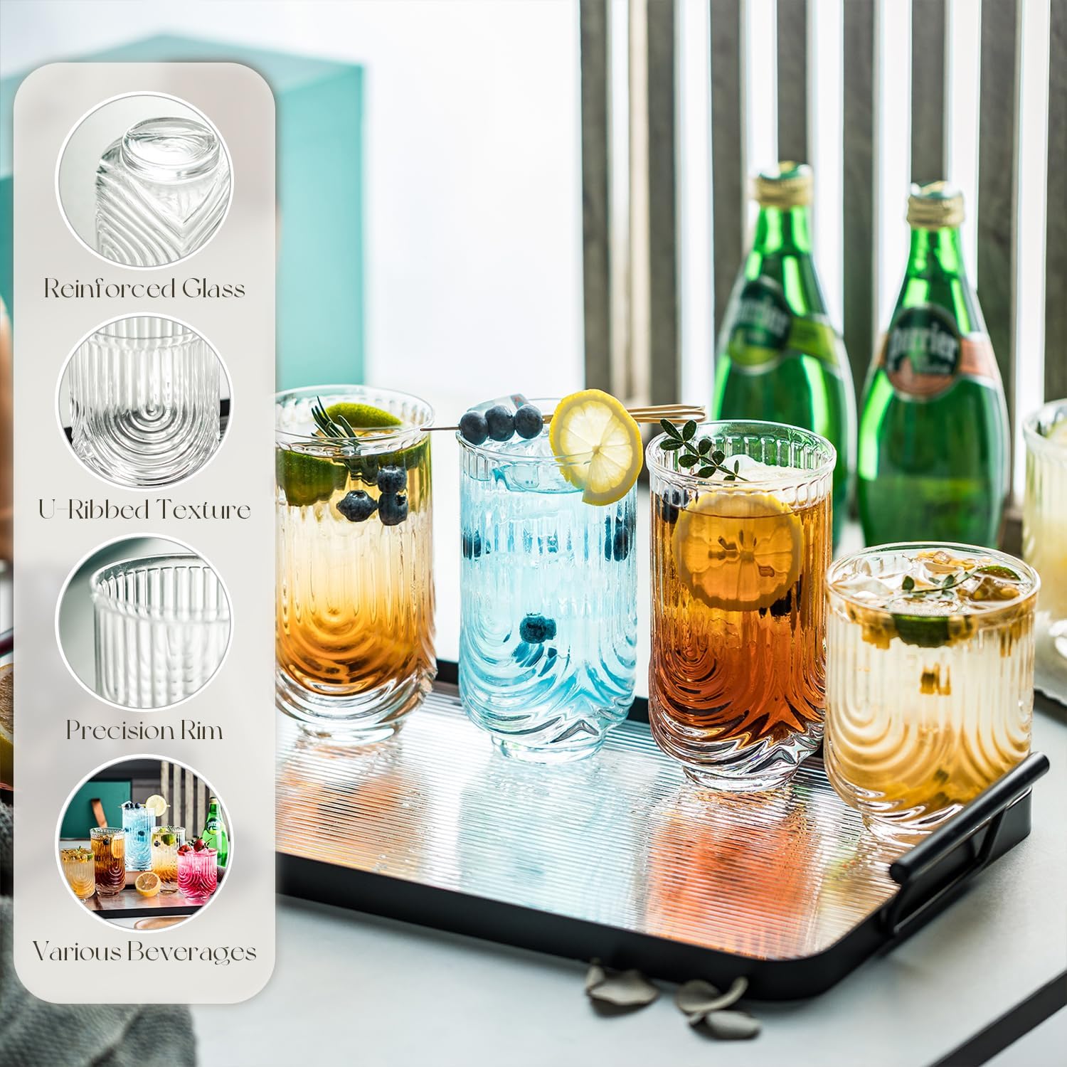 Art Deco Glasses, Highball Glasses Set Of 8, Ribbed Glasses, Drinking ...
