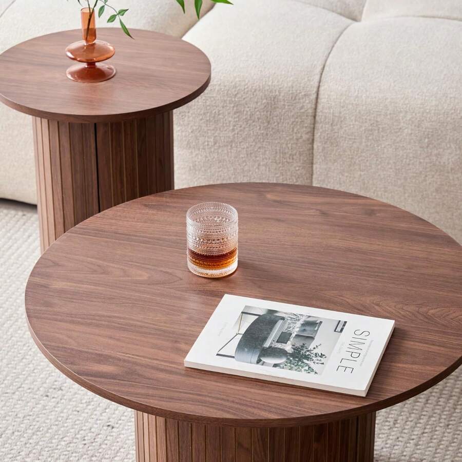 Round Nesting Coffee Set Of 2, Boho Wood Circle Side Fluted Drum ...