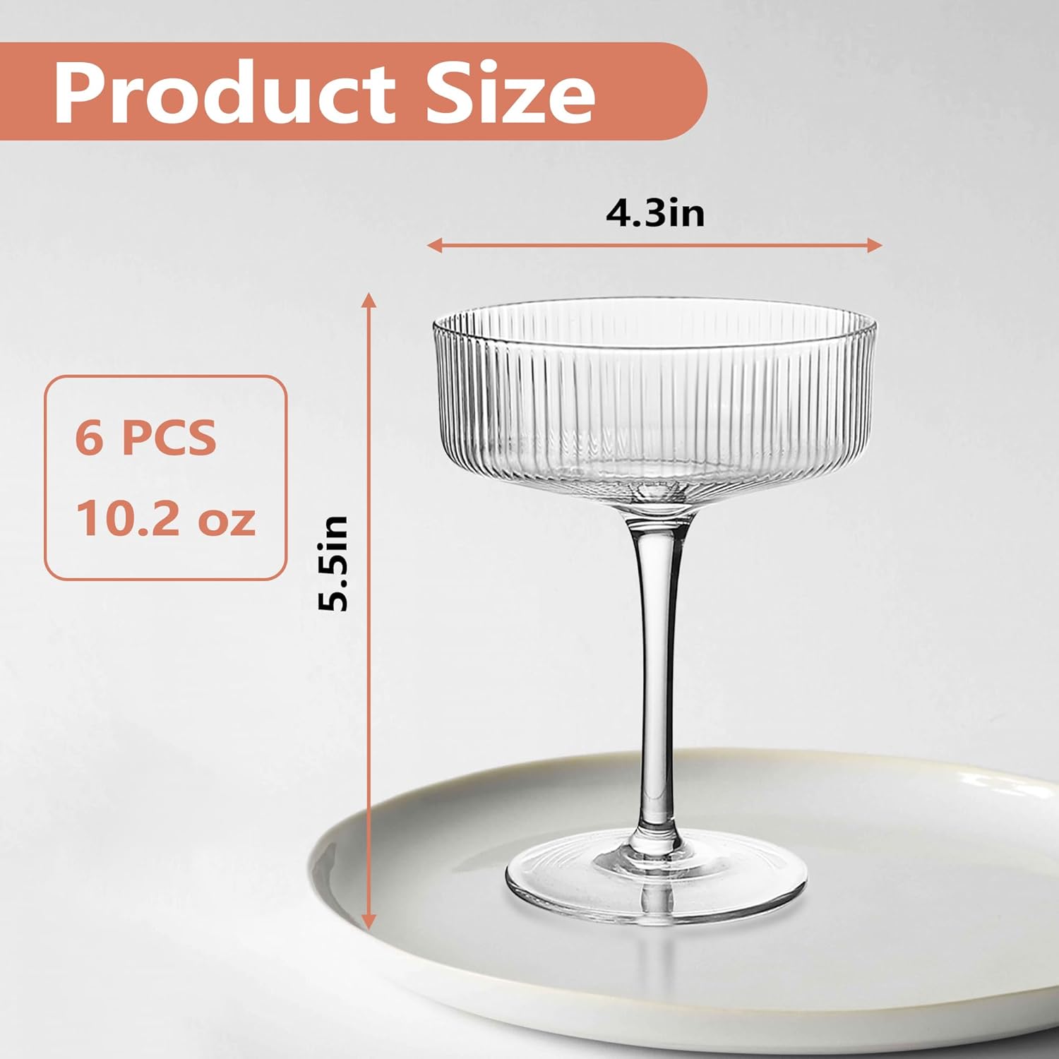 6 count Coupe Glasses 10 oz, Martini Glasses, Margarita Glass, Ribbed ...