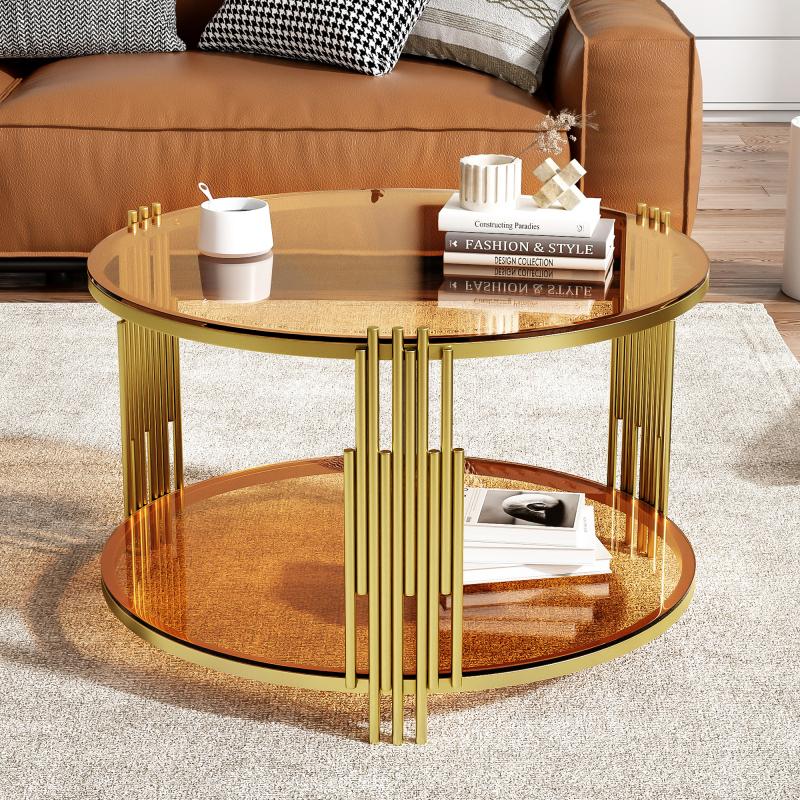 Modern Glass Coffee Table in 31.5", Asymmetrical Metal, Circular Metal ...