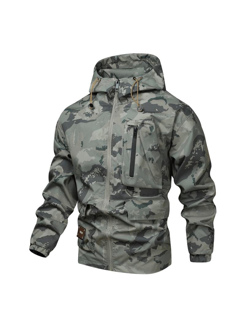 Men's Camo Print Zip Up Drawstring Hooded Jacket, Regular Fit Casual ...