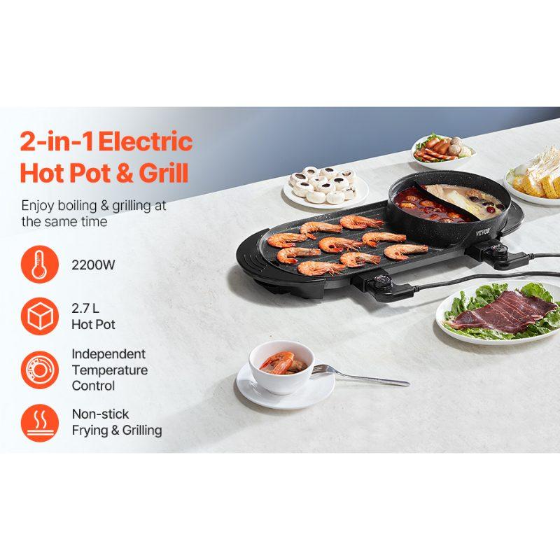 2-in-1 Electric Smokeless Grill and Hot Pot, 2200W Power Smokeless Cook ...