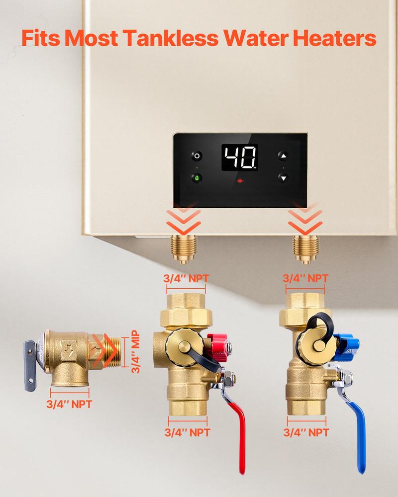 VEVOR Water Heater Kit, 3/4 Inch Tankless Water Heater Service Valve ...