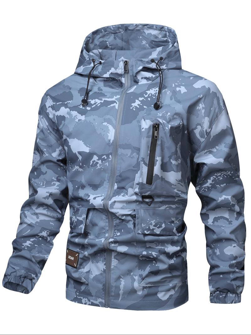 Men's Camo Print Zip Up Drawstring Hooded Jacket, Regular Fit Casual ...