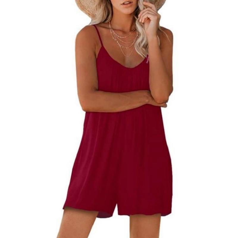 2025 Suspender Jumpsuit Women's Solid Color Floral Pocket Casual Five ...