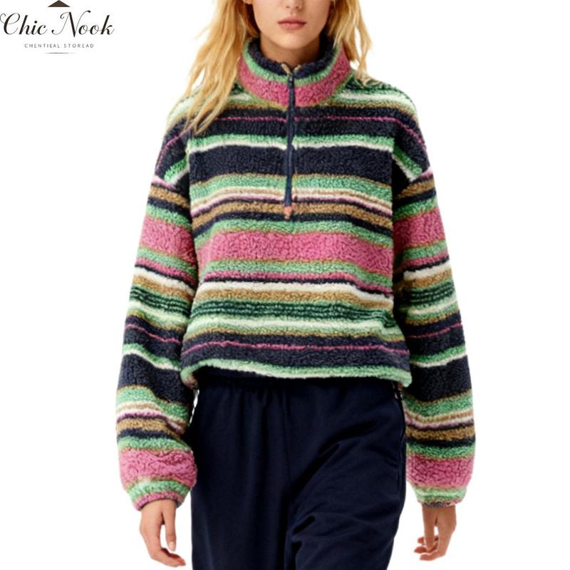 Women's Y2K Zip Striped Sherpa Jacket Long Sleeve Fleece Pullover Jacket Tops For Autumn ...
