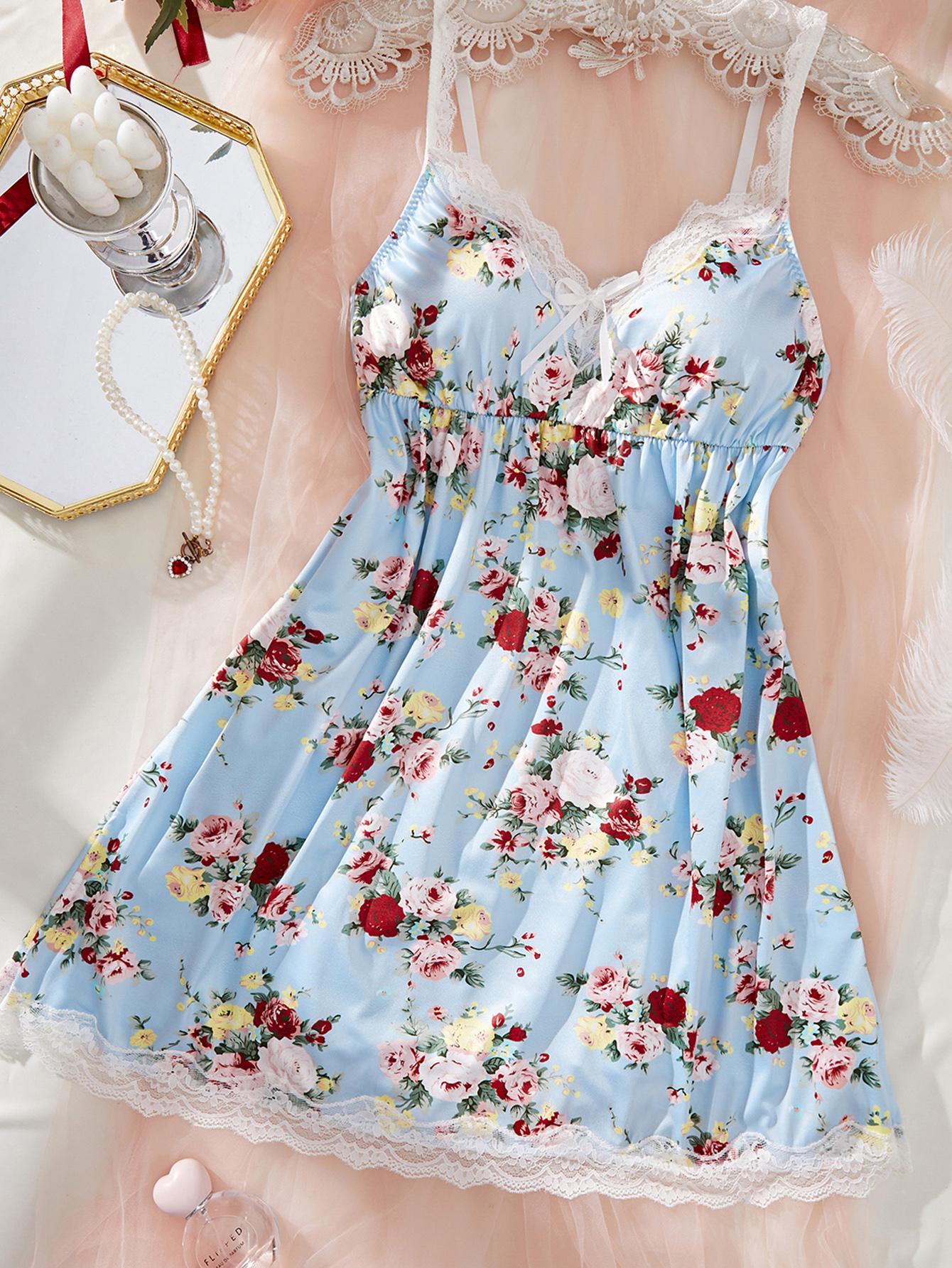 Women Sexy Lace Trim Lingerie Floral Print Chemise Nightgown Full Slip ...
