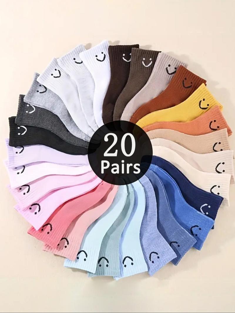 Random 20 Pairs Solid Color Cartoon Smiley Face Sports Socks ...