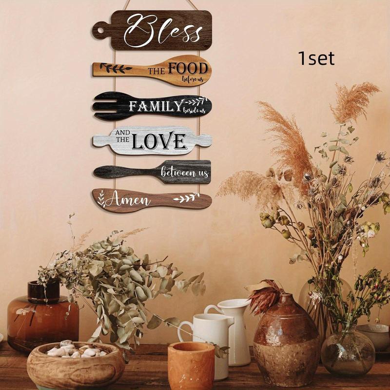 Wooden Kitchen Wall Decor Set, Alphabet & Utensil Patterns with Rope ...