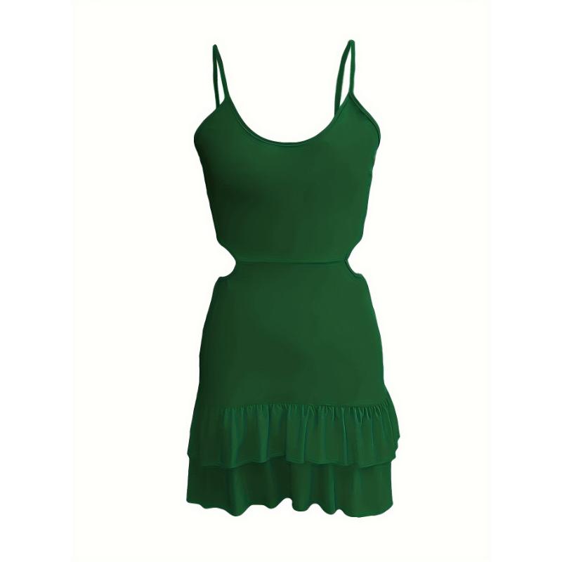 Vibrant Solid Color Ruffle Hem Cami Dress - Elegant Sleeveless, Slim ...