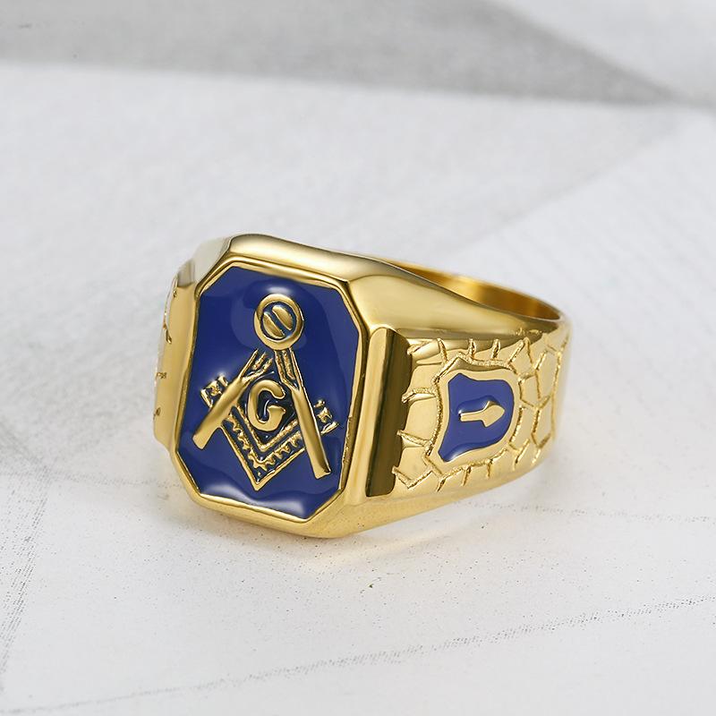 SWMasonic AG Ring- Hip Hop Ring - Golden Plated Titanium with Blue ...