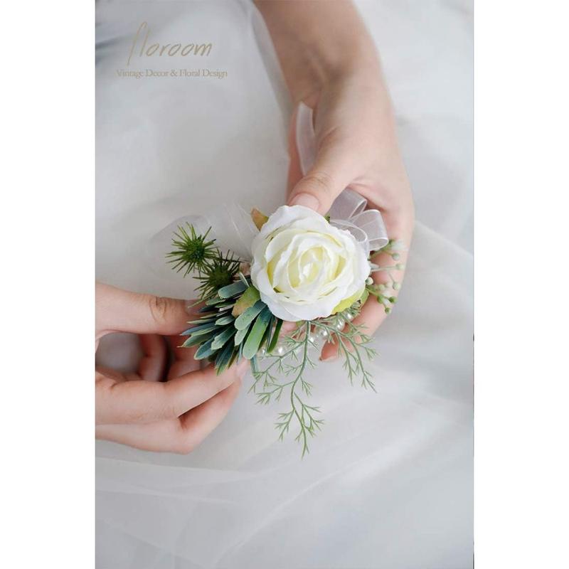 Ivory Rose Wrist Corsage Wristlet Band Bracelet and Men Boutonniere Set ...