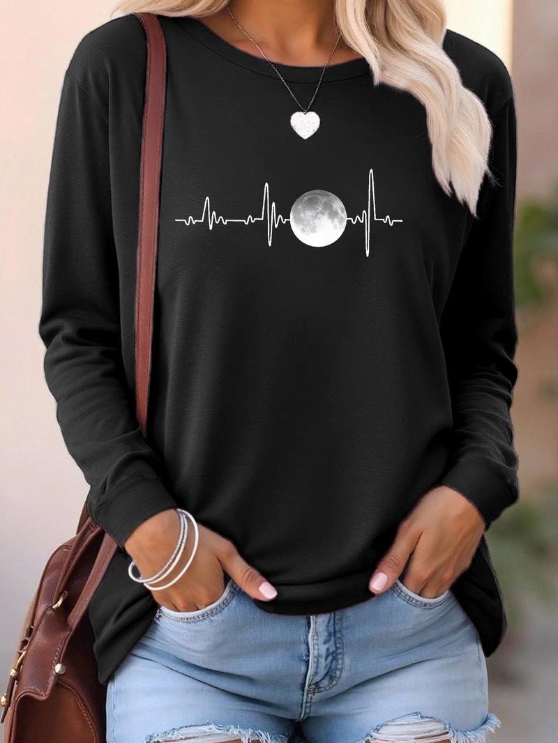 Women's Heart Print Round Neck Sweatshirt, Casual Long Sleeve Crew Neck ...