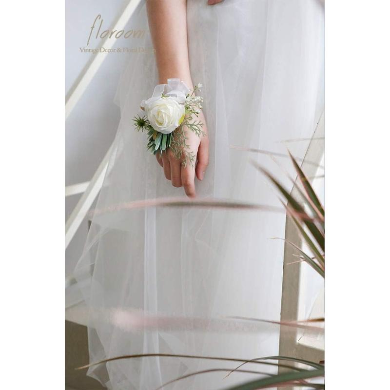 Ivory Rose Wrist Corsage Wristlet Band Bracelet and Men Boutonniere Set ...