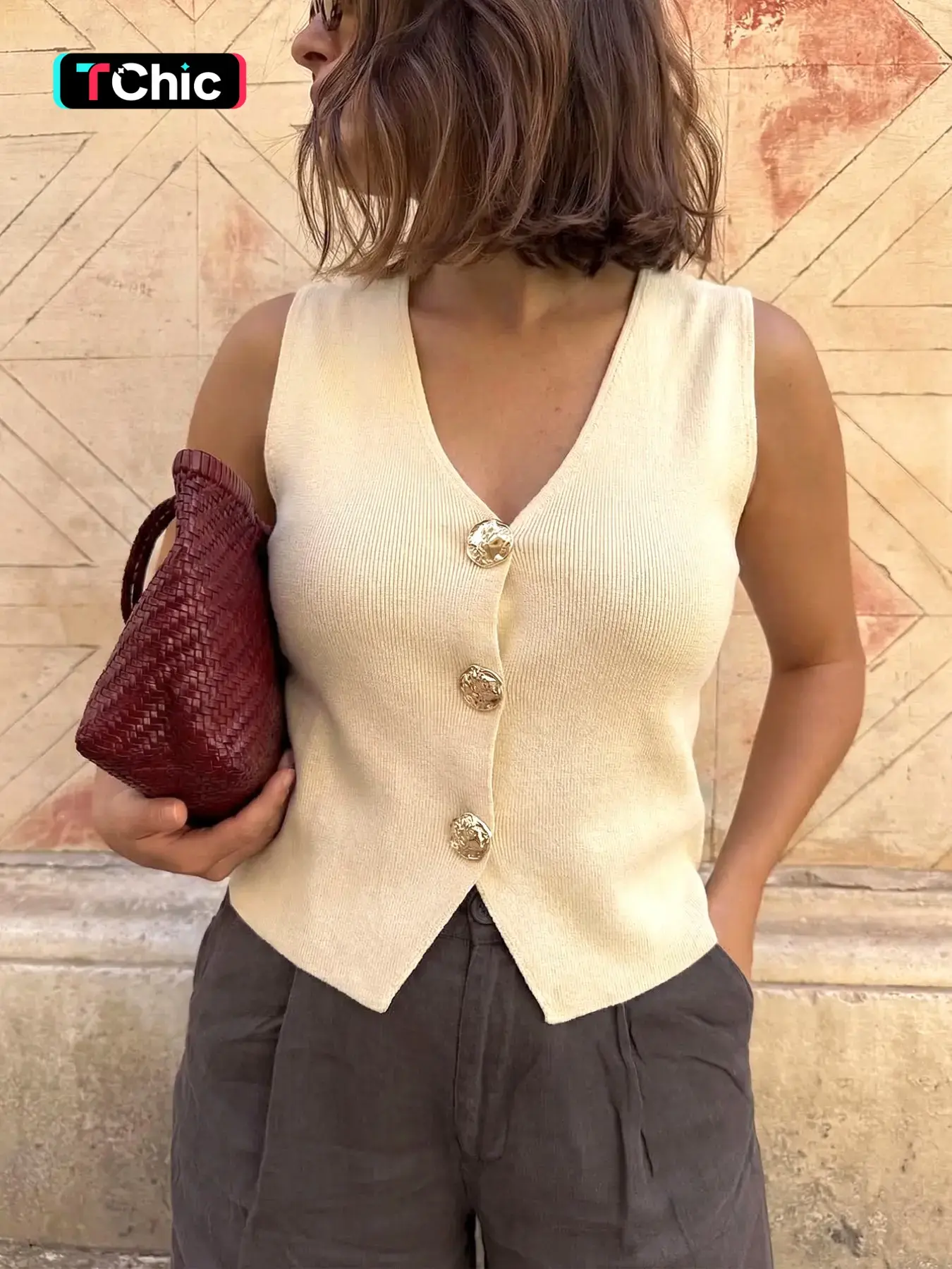 Women's Boho Style Fake Cardigan, Solid Color Metal Button, Simple ...