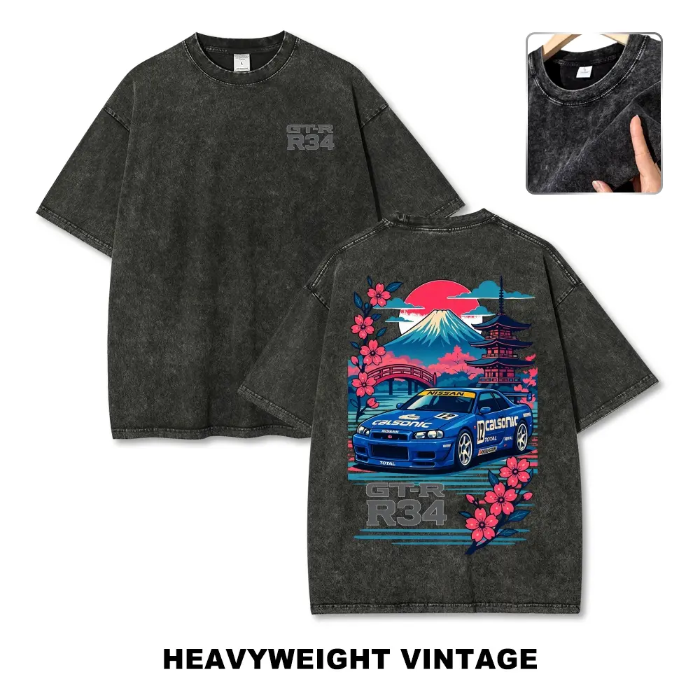 Japan Style Retro Blue Racing Car Vintage Washed Tee 90s Men's Graphic ...