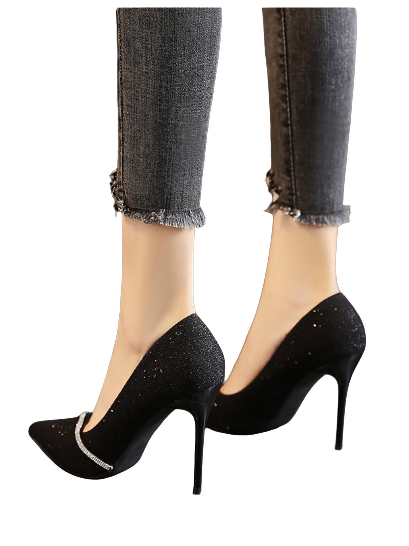 Women's 2.76in Thin Heel Star Sparkle Fabric Pointed Toe Fall Single ...
