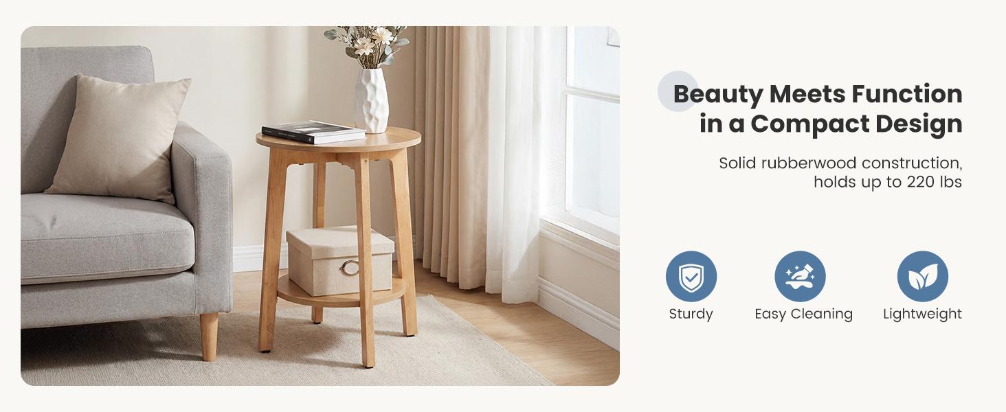 Small Round Side Table with Double-Layer Storage, 16" Wooden Bedside ...