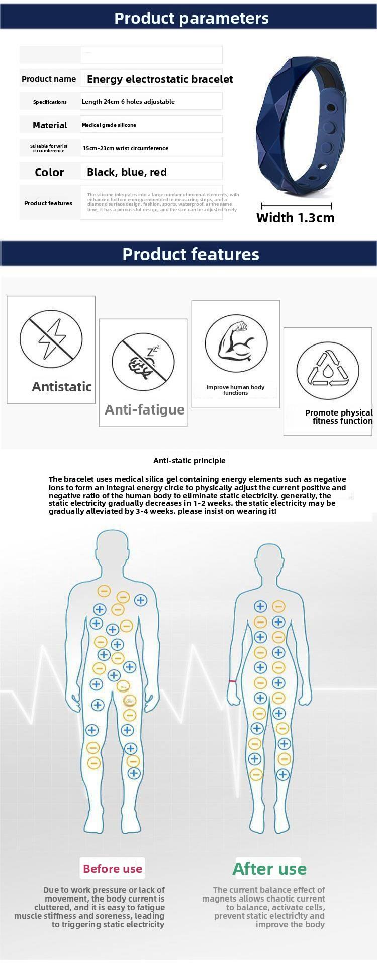 Anti-static silicone bracelet, negative ion men's and women's outdoor ...