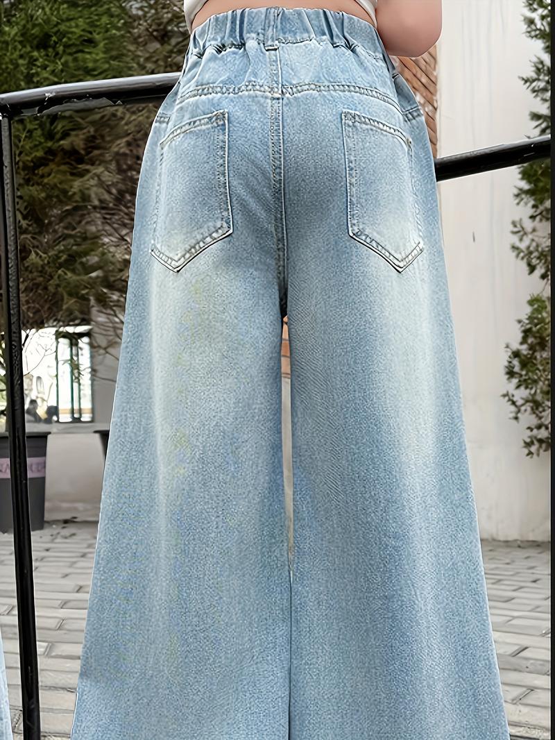 Girls' Trendy And Versatile Ripped Five-Pointed Star Wide-Leg Pants ...