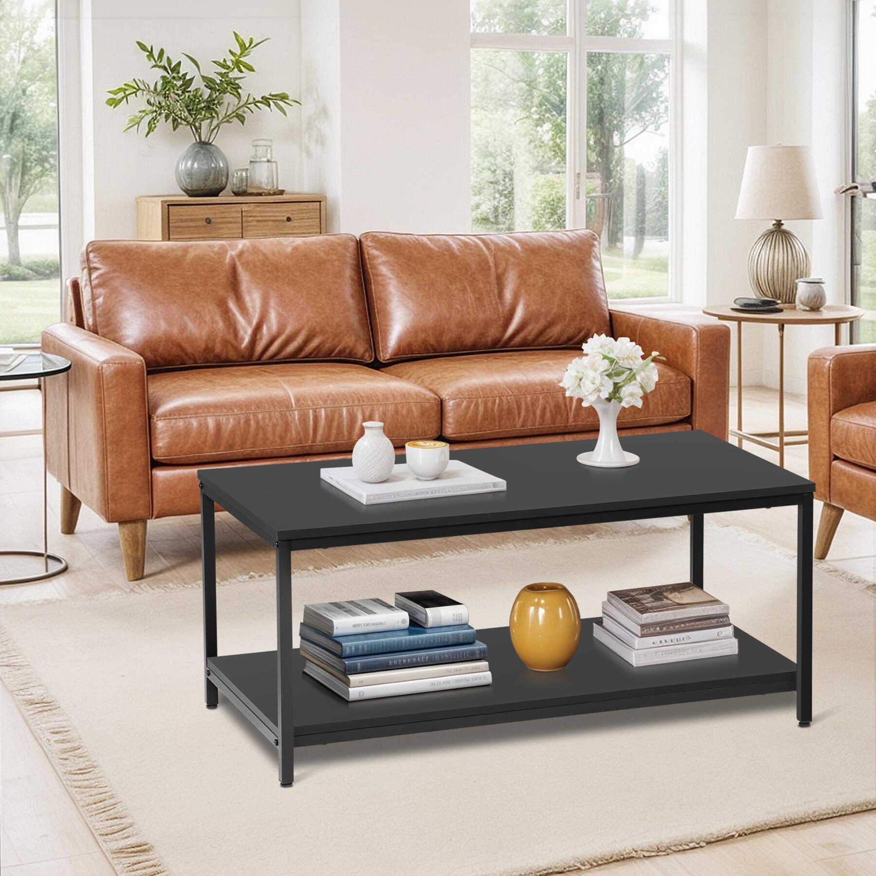 39" Minimal Metal and MDF Wood Coffee Table - 2-Tier Storage Shelf ...