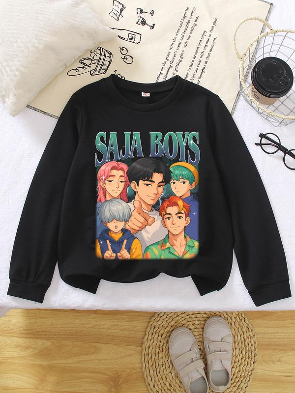 Super trendy unisex black crewneck! "SAJA BOYS" cartoon group print ...