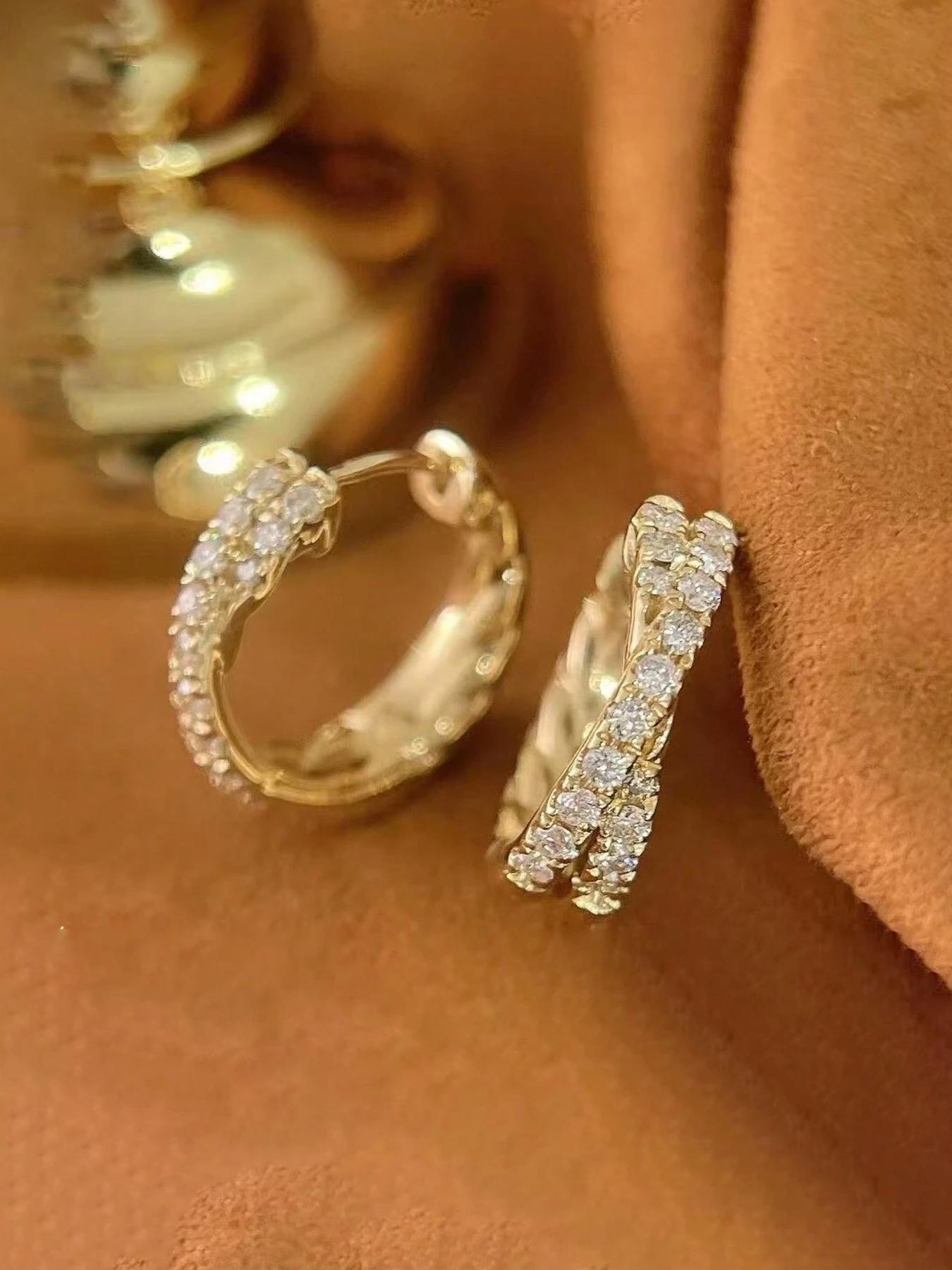 Women's S925 Silver Color Earrings, French Elegant Crossed Dual-Row ...