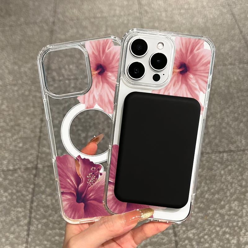 Girly Magnetic Case for iPhone11/12/13/14/15/16/promax, Pink hibiscus ...