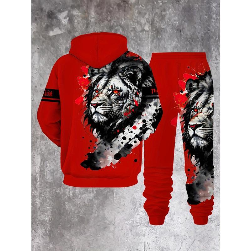 Men's Casual 2-Piece Set, Lion Ink Print Hoodie and Sweatpants, Spring ...