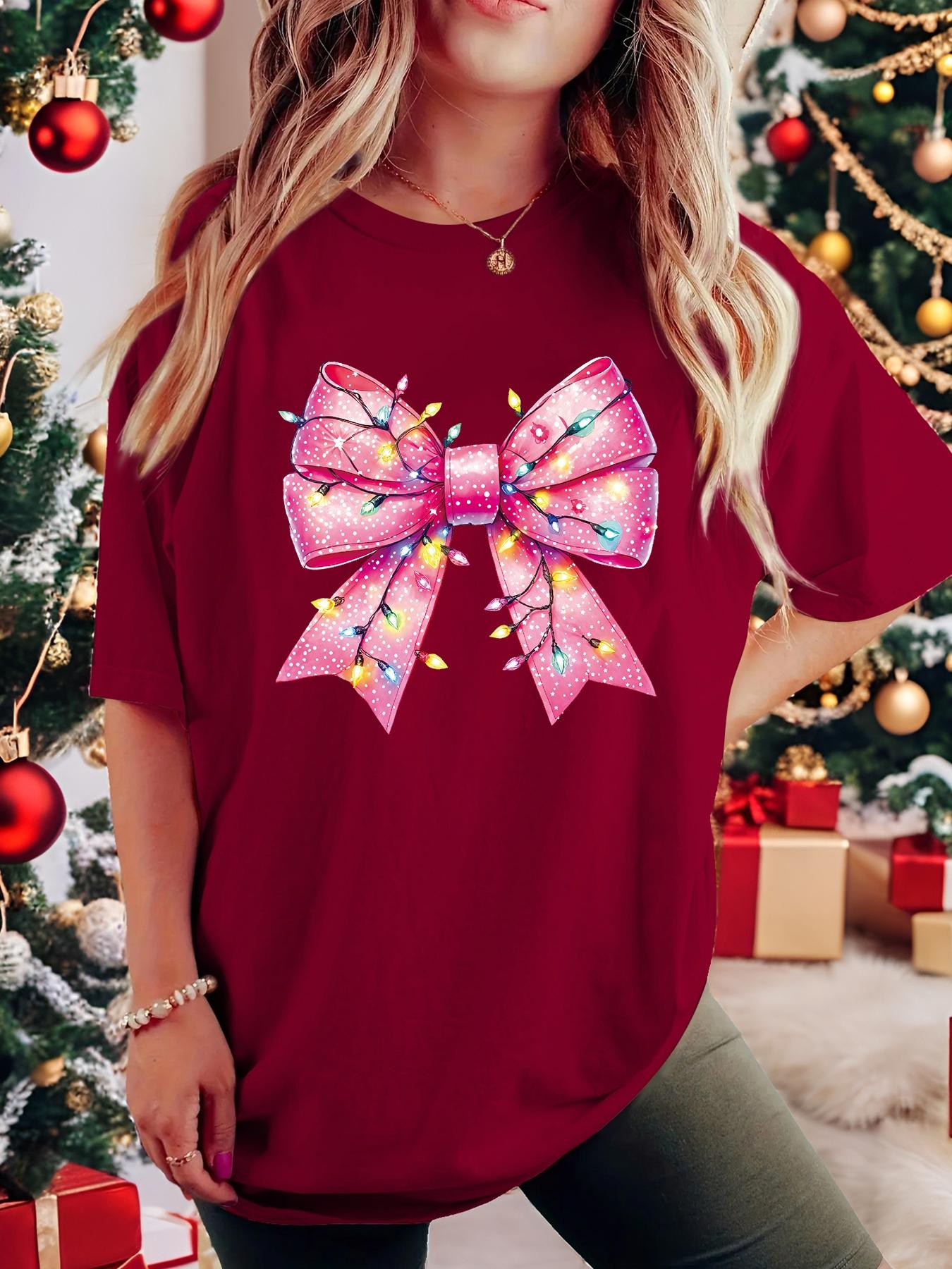 Women's Cartoon Christmas Bowknot Print Drop Shoulder Tee, Casual Half ...