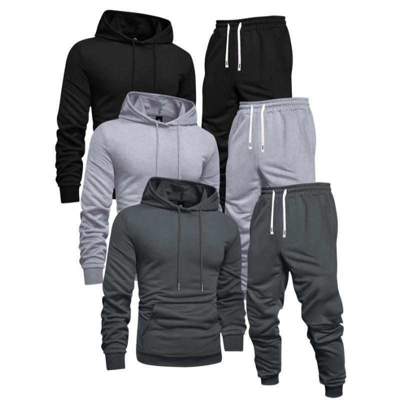 3-Pack Men'S Casual Sports Hoodie and Sweatpants Set, Solid Color, Long ...