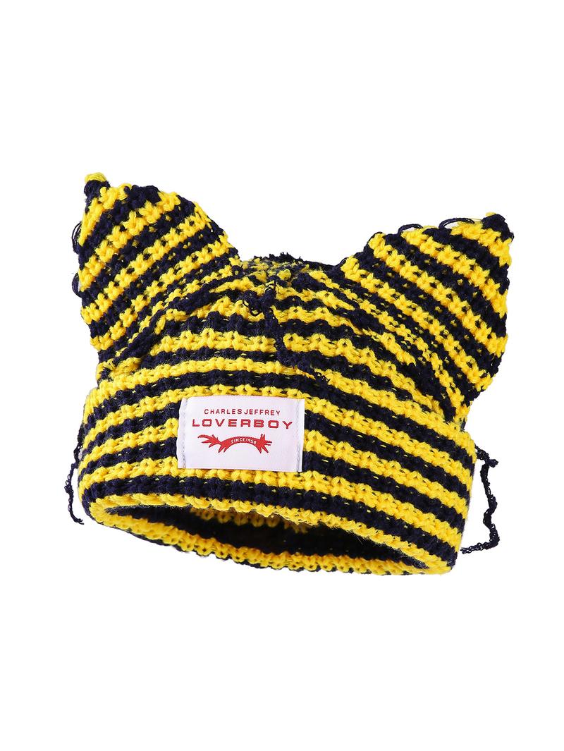 Bunny & Cat Ear Knit Beanie Set, Warm Striped Crochet Hats for Cold ...