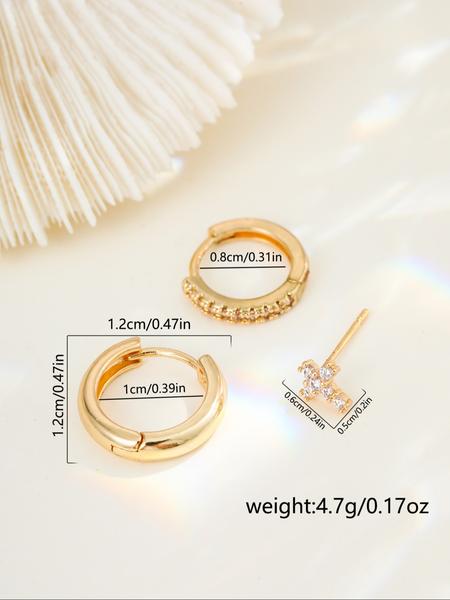 3pcs Earrings Including Plain Hoop, Half-Studded Zirconia Stud, Mini ...
