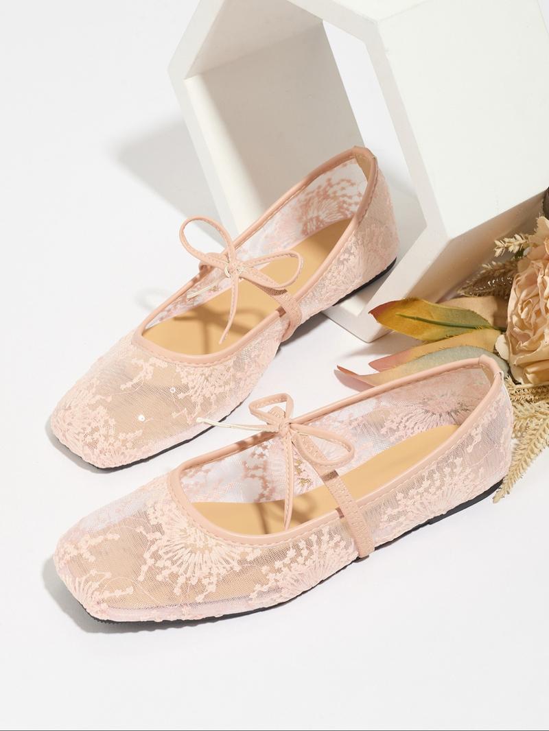Women's Embroidery Lace Mesh Ballet Flats, Elegant Square Toe Flat ...