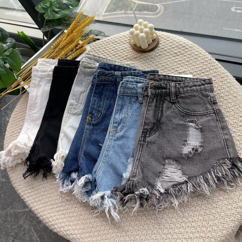 2025 Summer New High Waist Tassel Hole Denim Shorts Women Korean Version Raw Edge Wide Leg Loose ...