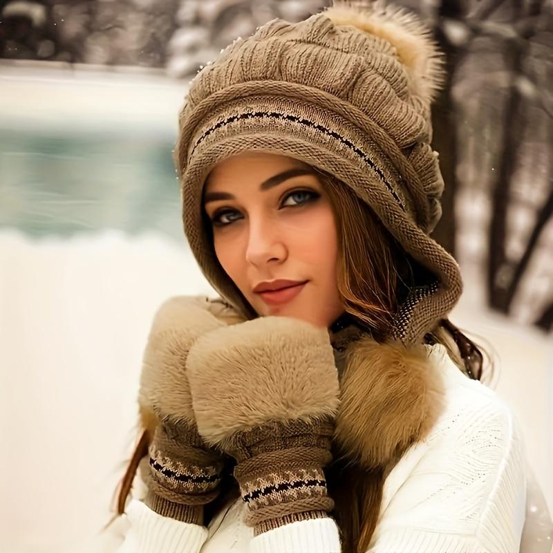 2-Piece Women's Winter Hat and Glove Set - Thick Fleece Lined Beige ...